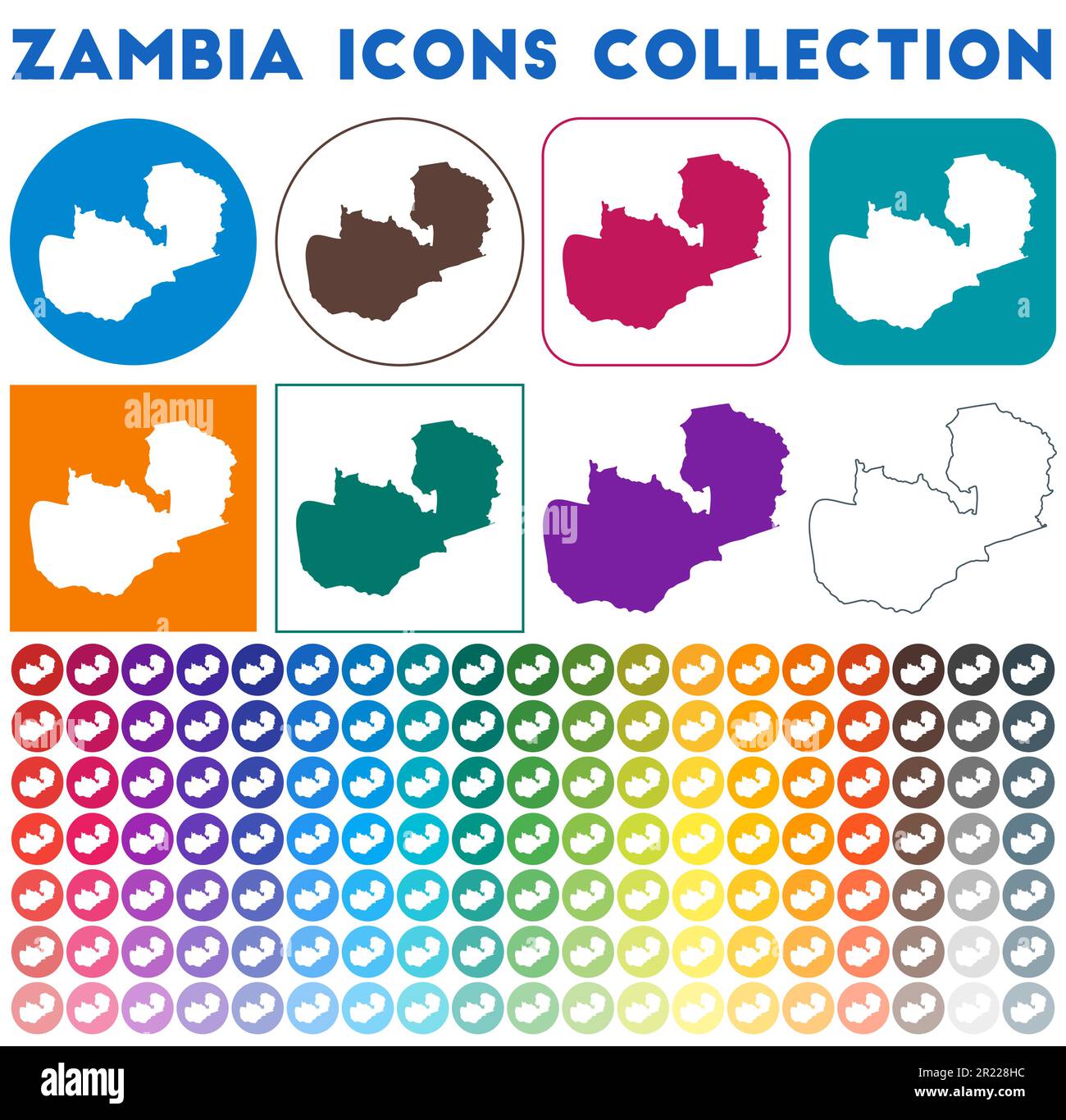 Zambia icons collection. Bright colorful trendy map icons. Modern Zambia badge with country map ...