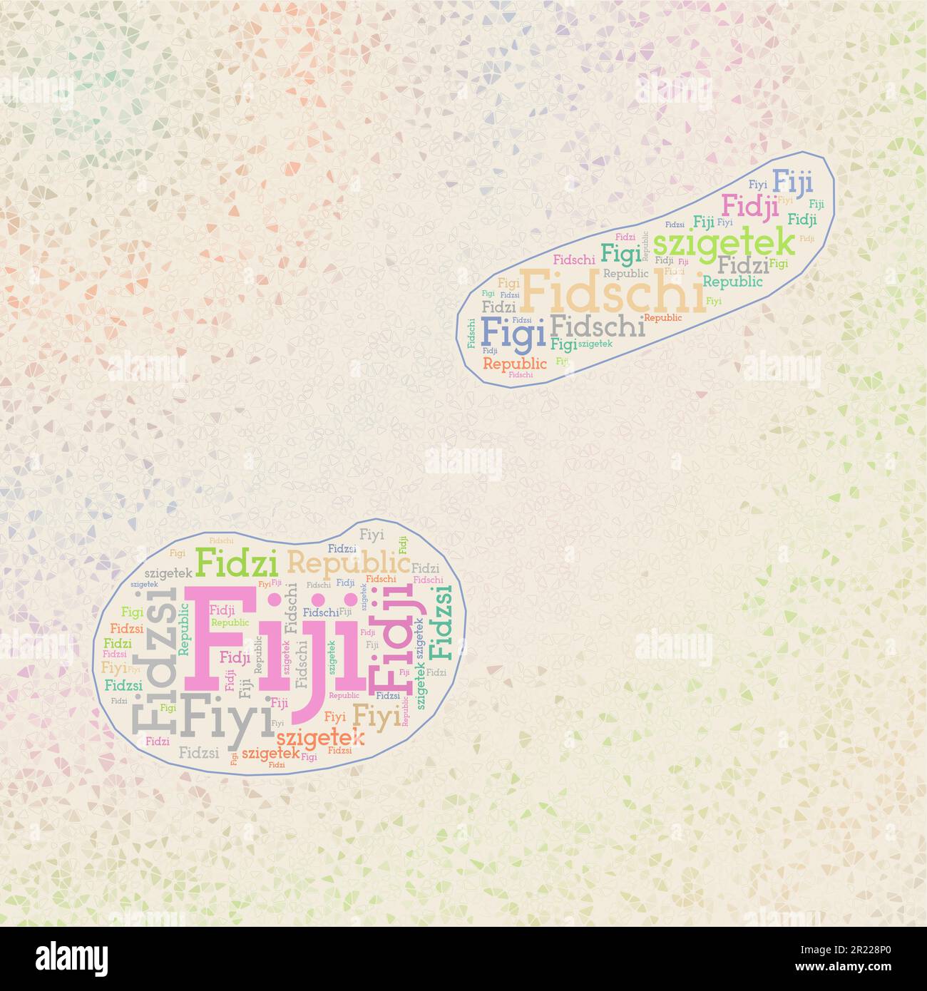 Fiji shape with country names word cloud in multiple languages. Fiji ...