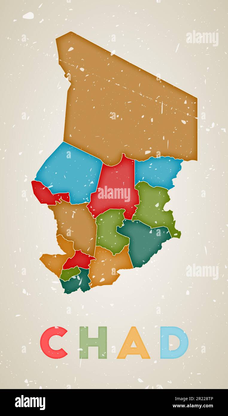 Chad map. Country poster with colored regions. Old grunge texture ...