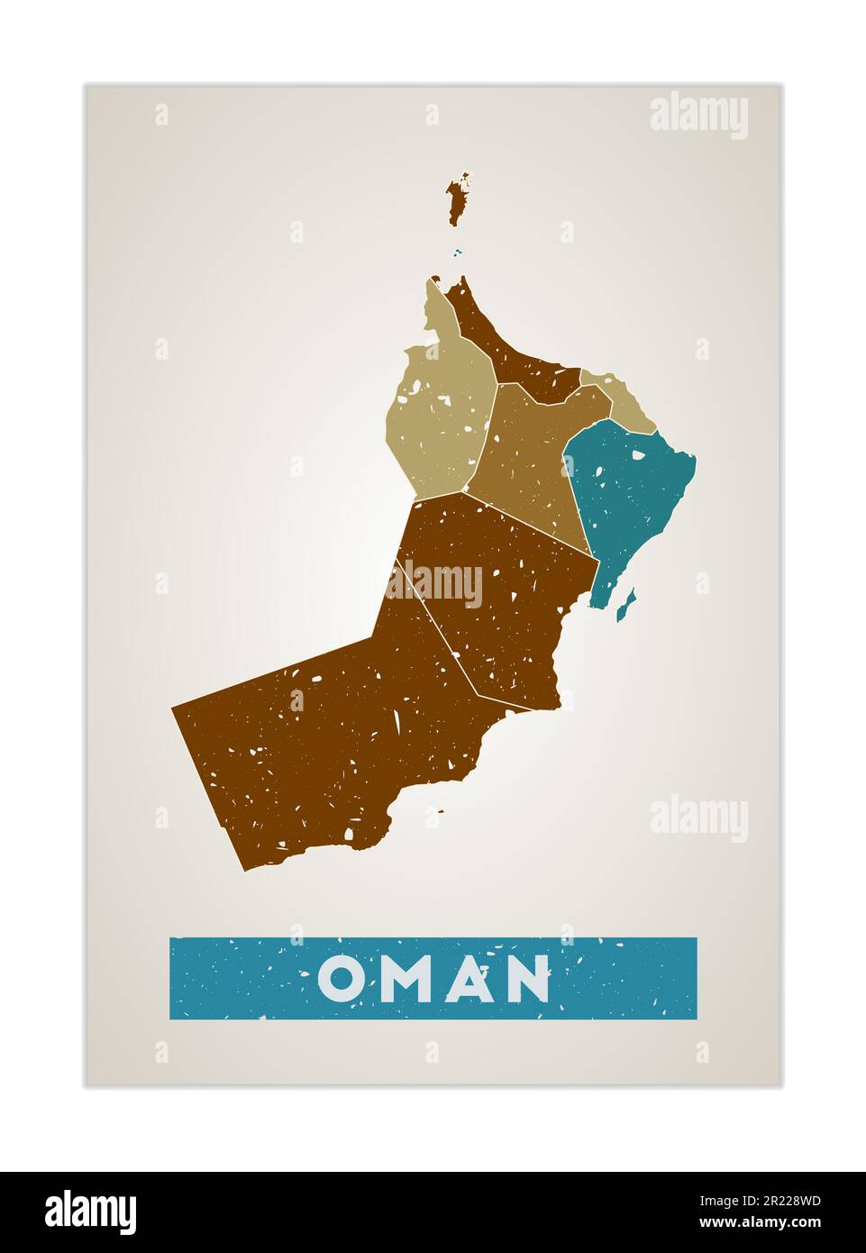 Oman map. Country poster with regions. Old grunge texture. Shape of ...