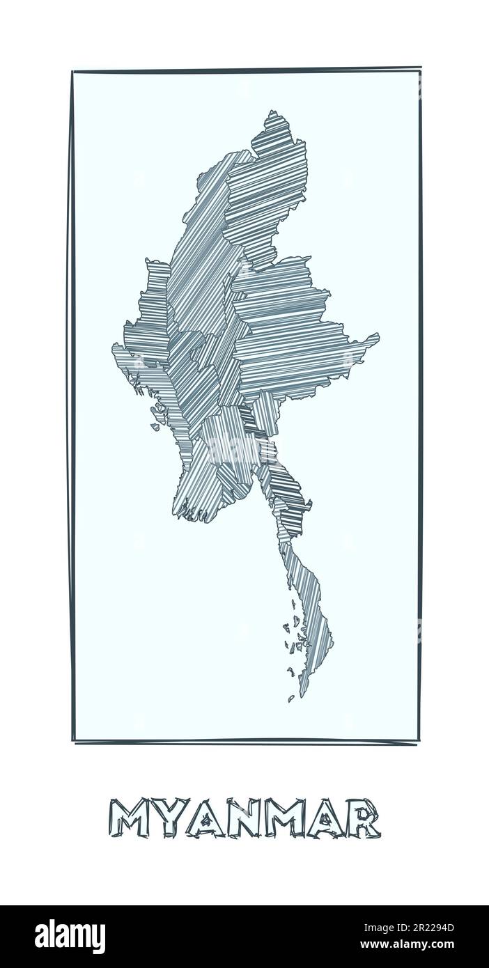 Sketch map of Myanmar. Grayscale hand-drawn map of the country. Filled ...