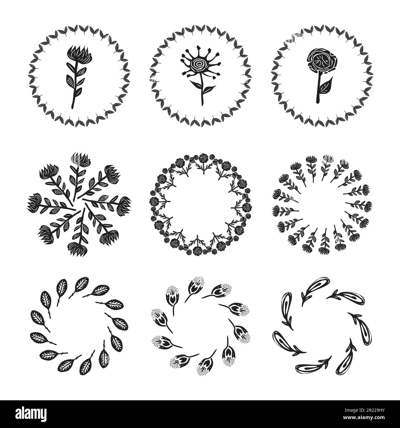 Collection of floral nordic decorative frames isolated on white ...