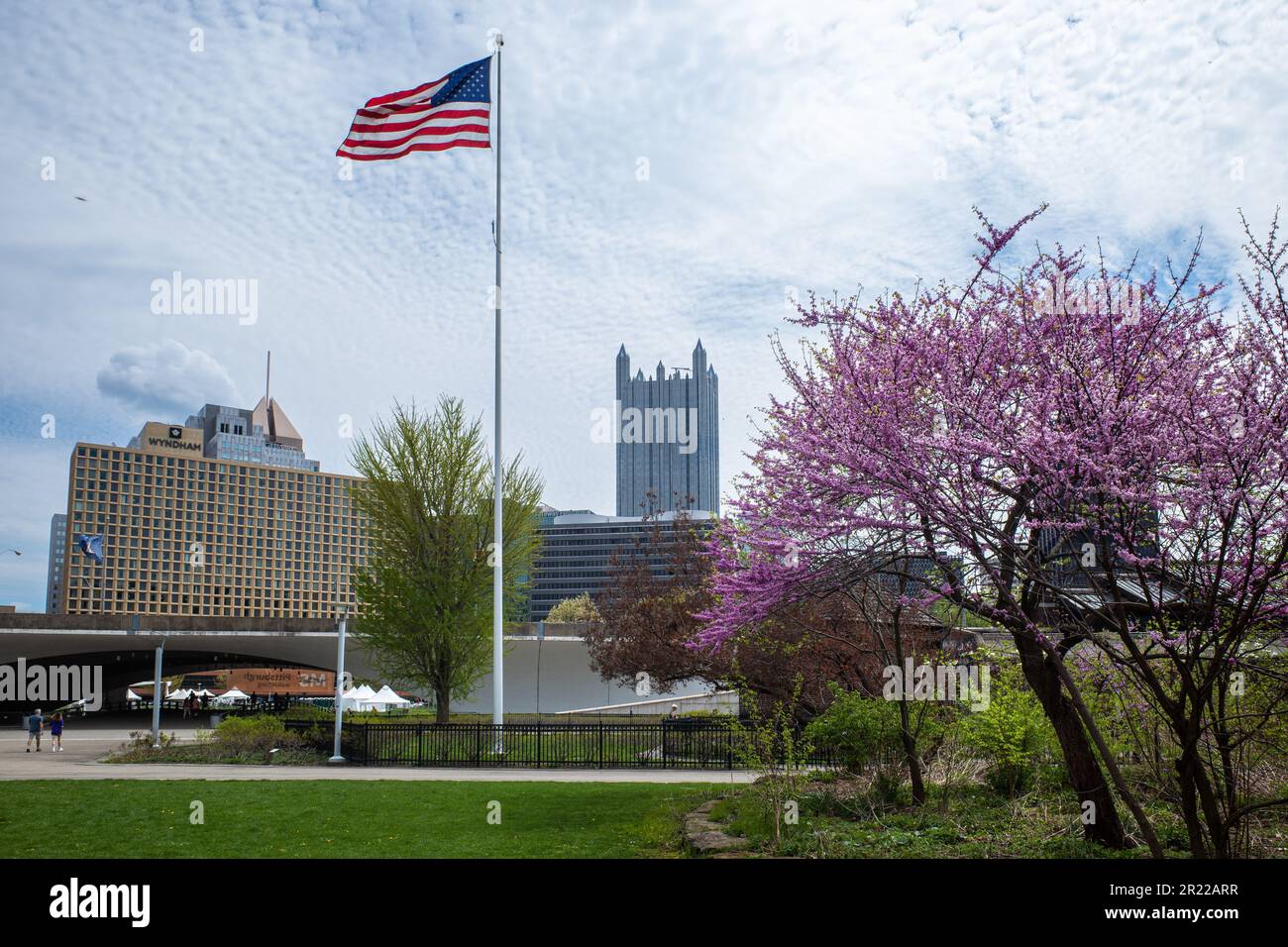 The American flag waves over Point State Park, surrounded by cherry ...