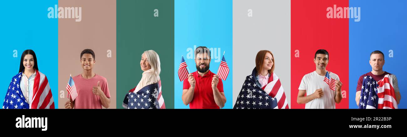 Many people with flags of USA on color background Stock Photo - Alamy