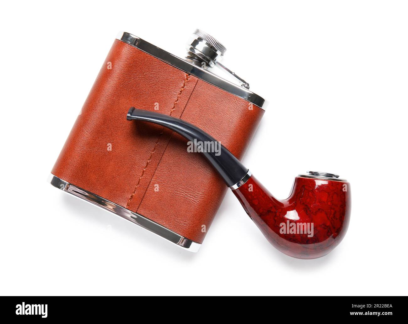 New hip flask and smoking pipe isolated on white background Stock Photo ...