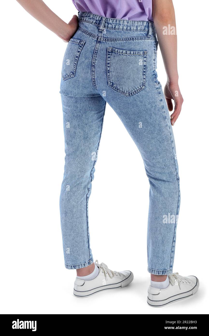 Young woman in stylish jeans on white background, back view Stock Photo ...