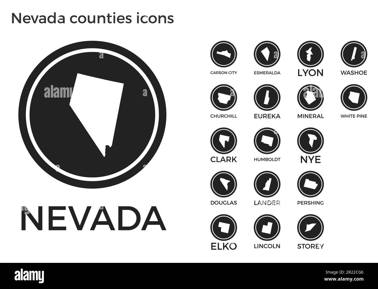 Nevada counties icons. Black round logos with US state counties maps ...