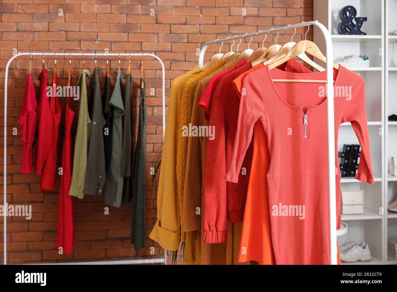 Rack with stylish female clothes in modern boutique Stock Photo - Alamy