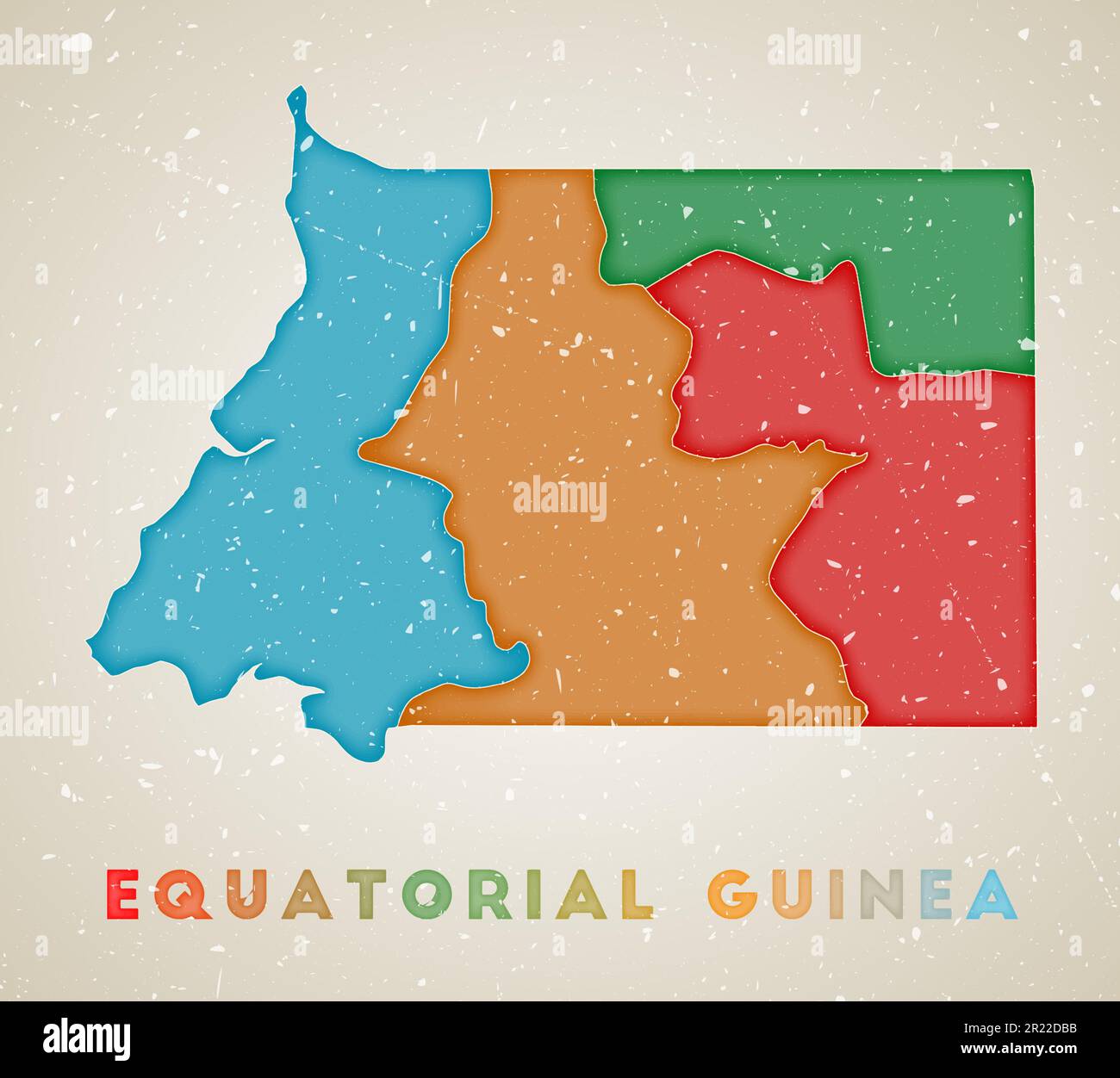 Equatorial Guinea map. Country poster with colored regions. Old grunge ...