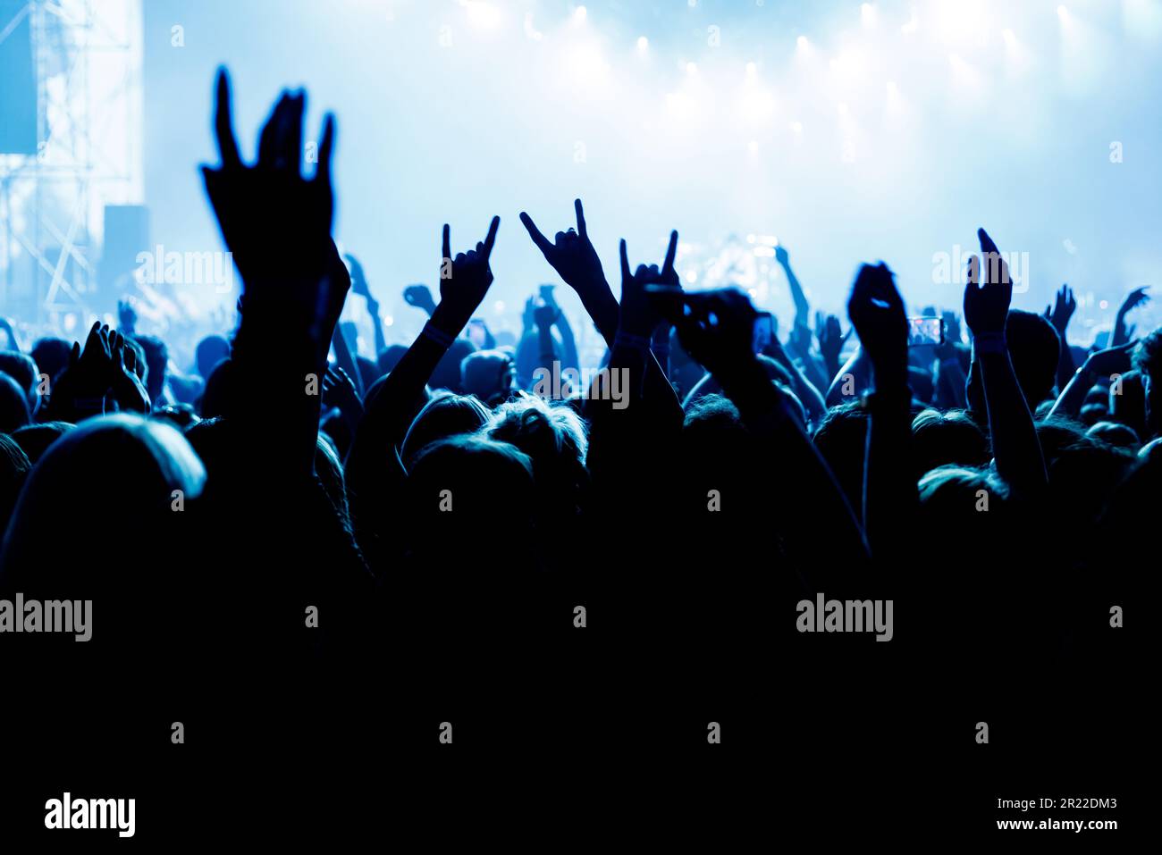 People with raised hands at a music concert. Fans in a concert hall ...
