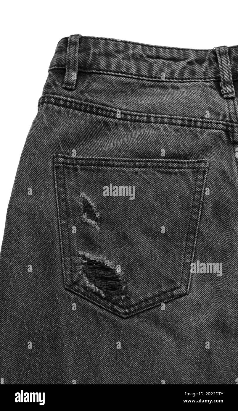 Stylish black denim jeans on white background Stock Photo - Alamy