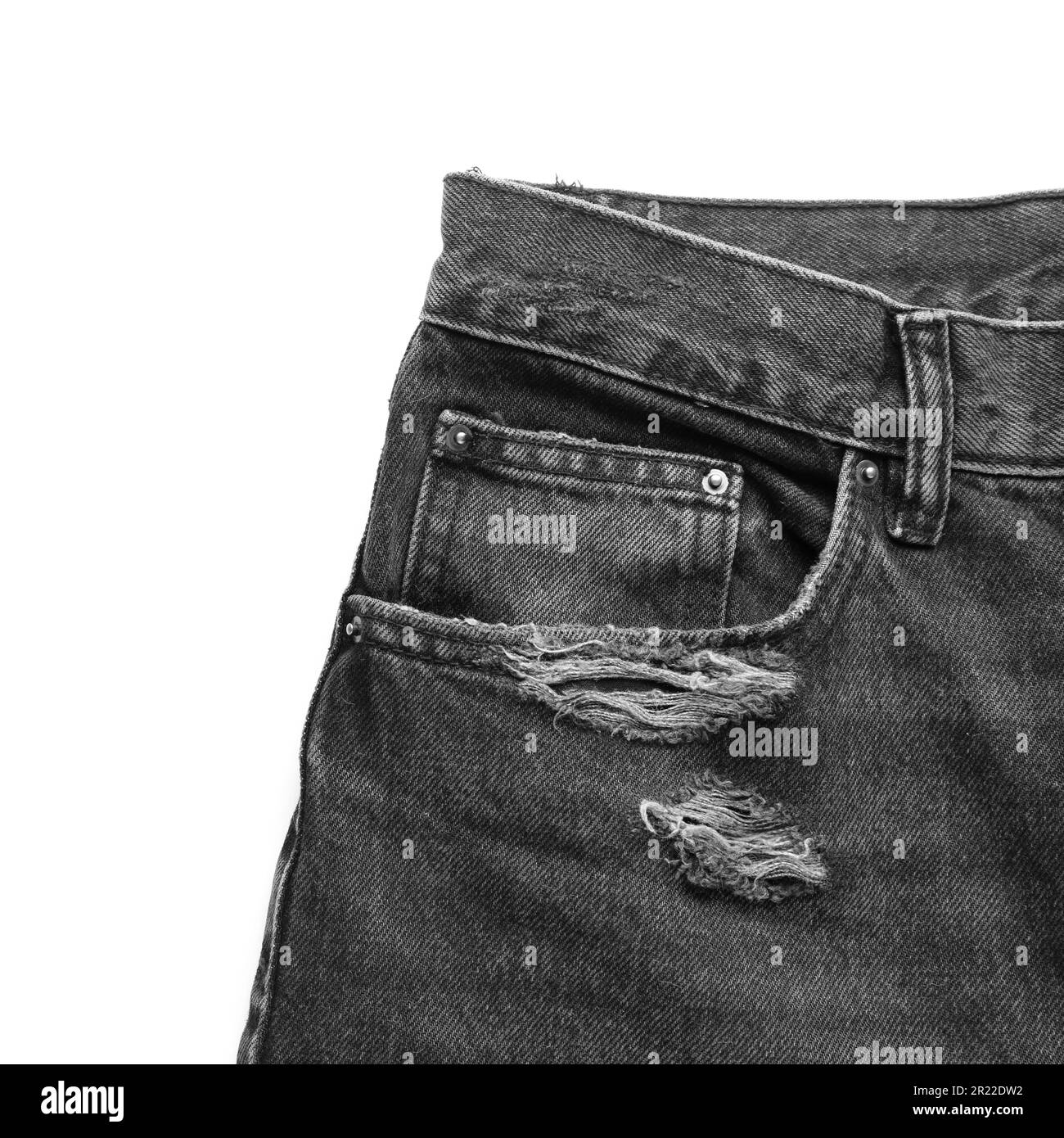 Stylish black denim jeans on white background Stock Photo - Alamy