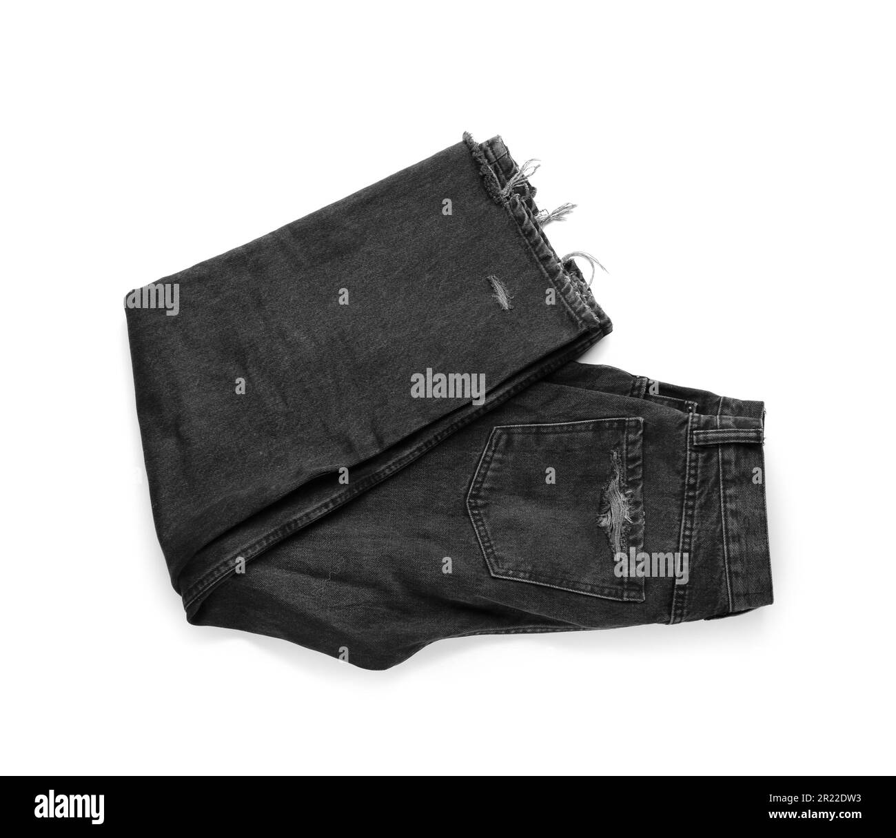 Stylish black denim jeans on white background Stock Photo - Alamy