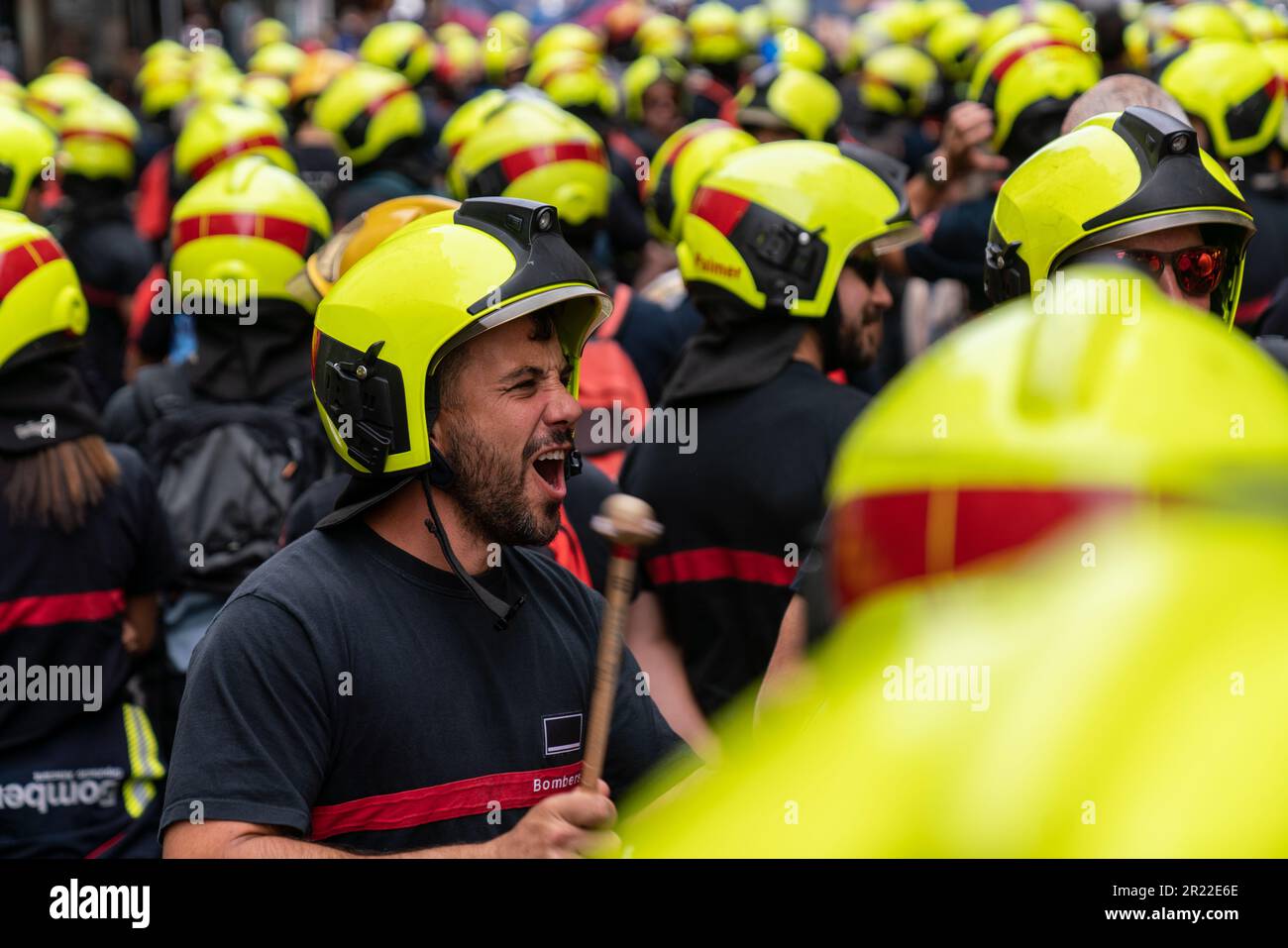 Madrid, Spain. 16th May, 2023. Firefighters play a drum during the ...
