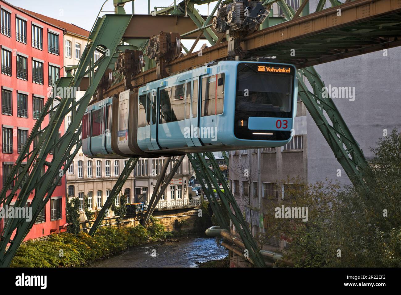 Wuppertaler Schwebebahn over the river Wupper in Elberfeld, Germany, North Rhine-Westphalia ...