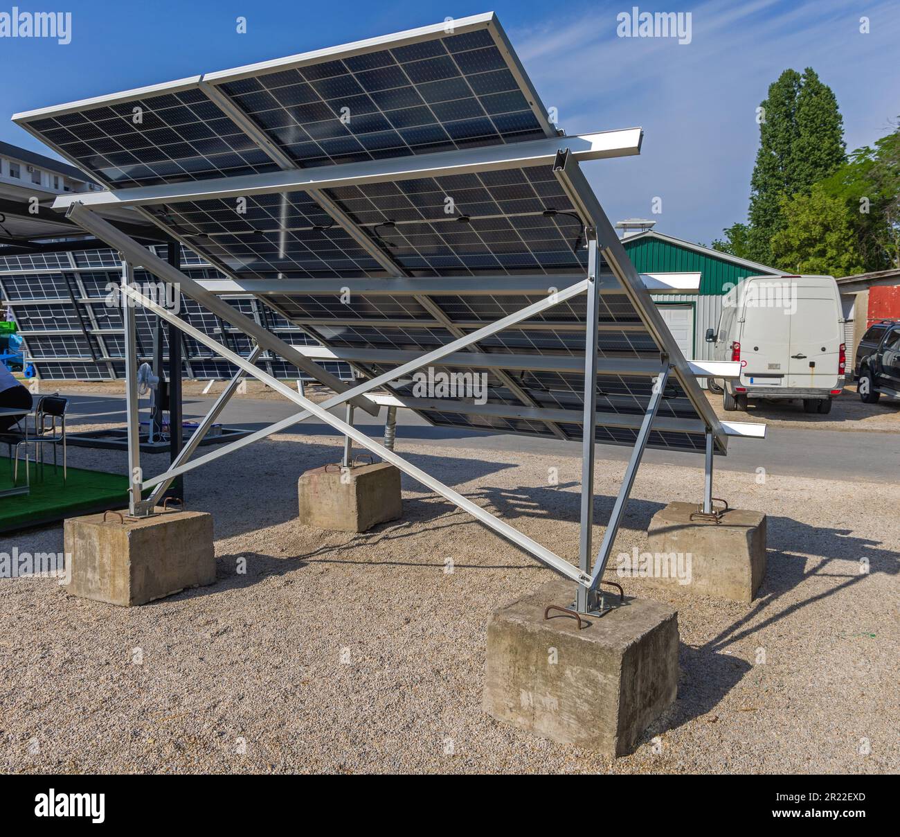 Solar Panels Array Unit Electric Power With Concrete Legs Support Stock ...