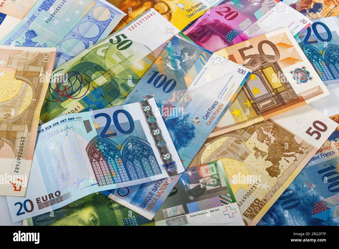Swiss Francs and EU Euro Bills of various banknotes values Stock Photo ...