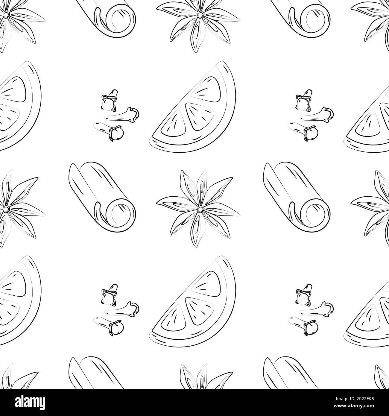 Seamless pattern of outline drawing of slice of citrus, glows, cinnamon ...