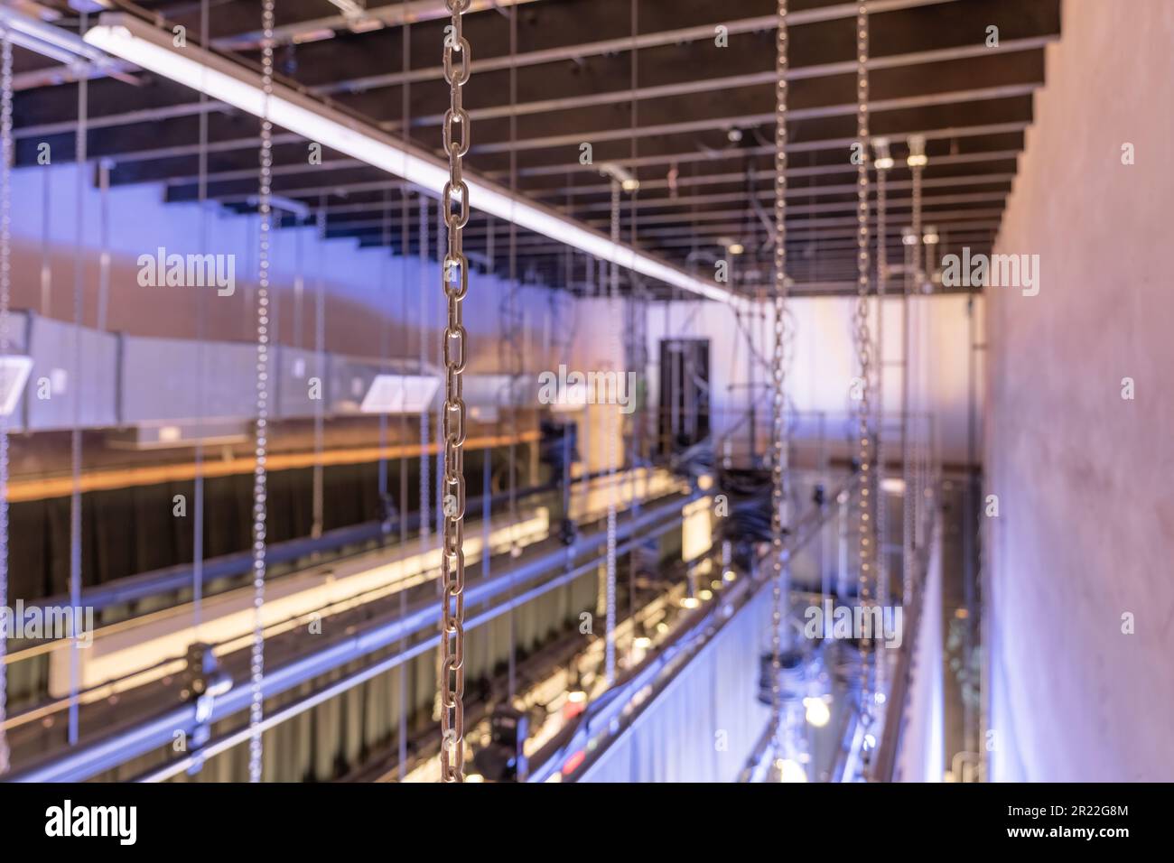 Theater stage rigging with theatrical equipment, lighting, supports ...
