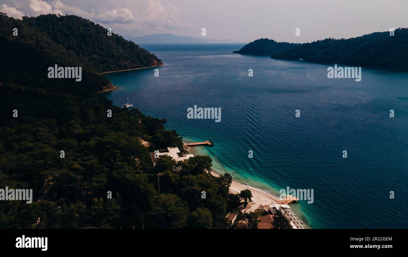 Gocek harbor, bay and city of skyline aerial view. Mediterranean coast ...