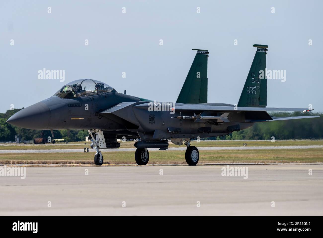 The 335th Fighter Squadron’s F-15E Strike Eagle flagship taxis to take ...