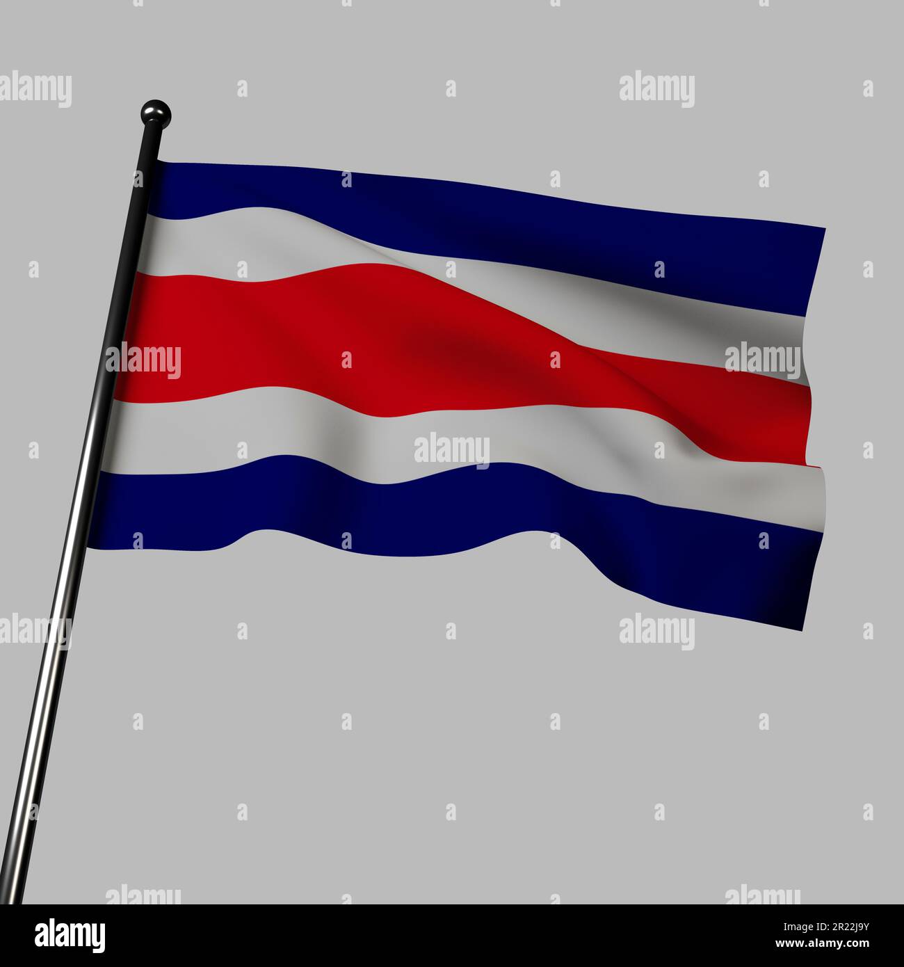 A waving Costa Rica flag on gray, represented in a 3D rendering. The ...