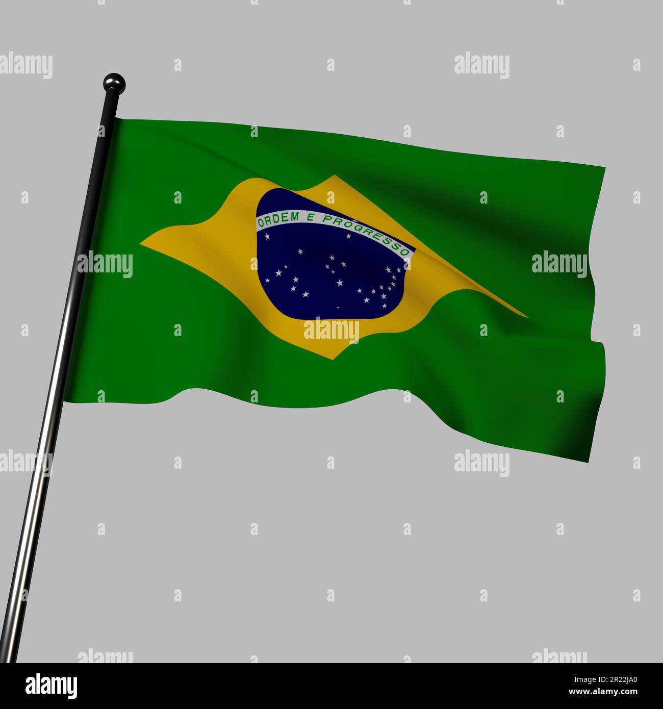 3D render of Brazil flag on gray background. Green field, yellow ...