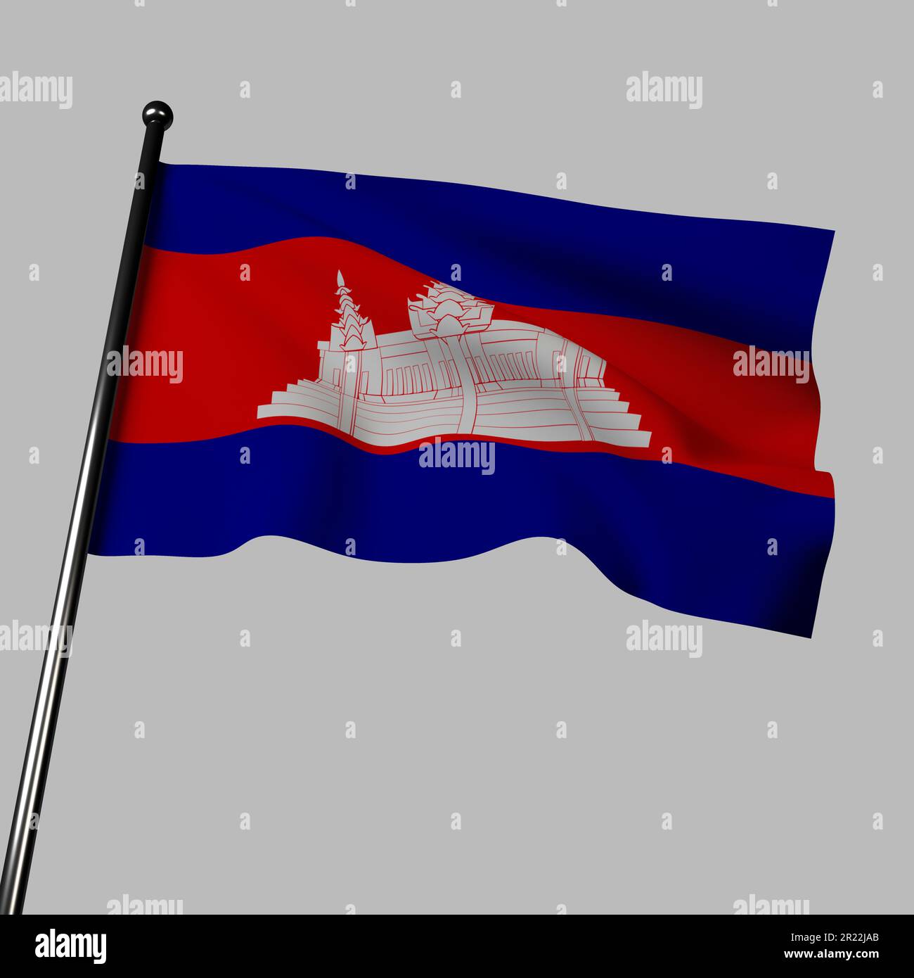 Cambodia flag waving on gray background. Blue and red stripes with ...