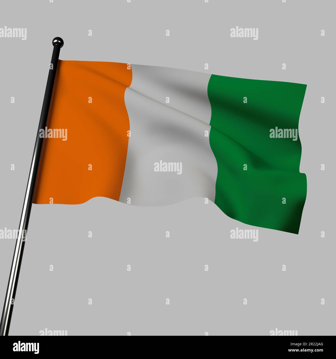 A 3D rendering of the Cote d'Ivoire flag waving on a gray background ...