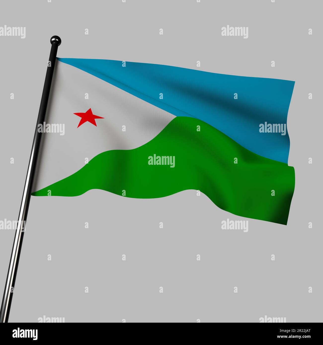 Djibouti flag waves in 3D against a gray background. Blue and green ...