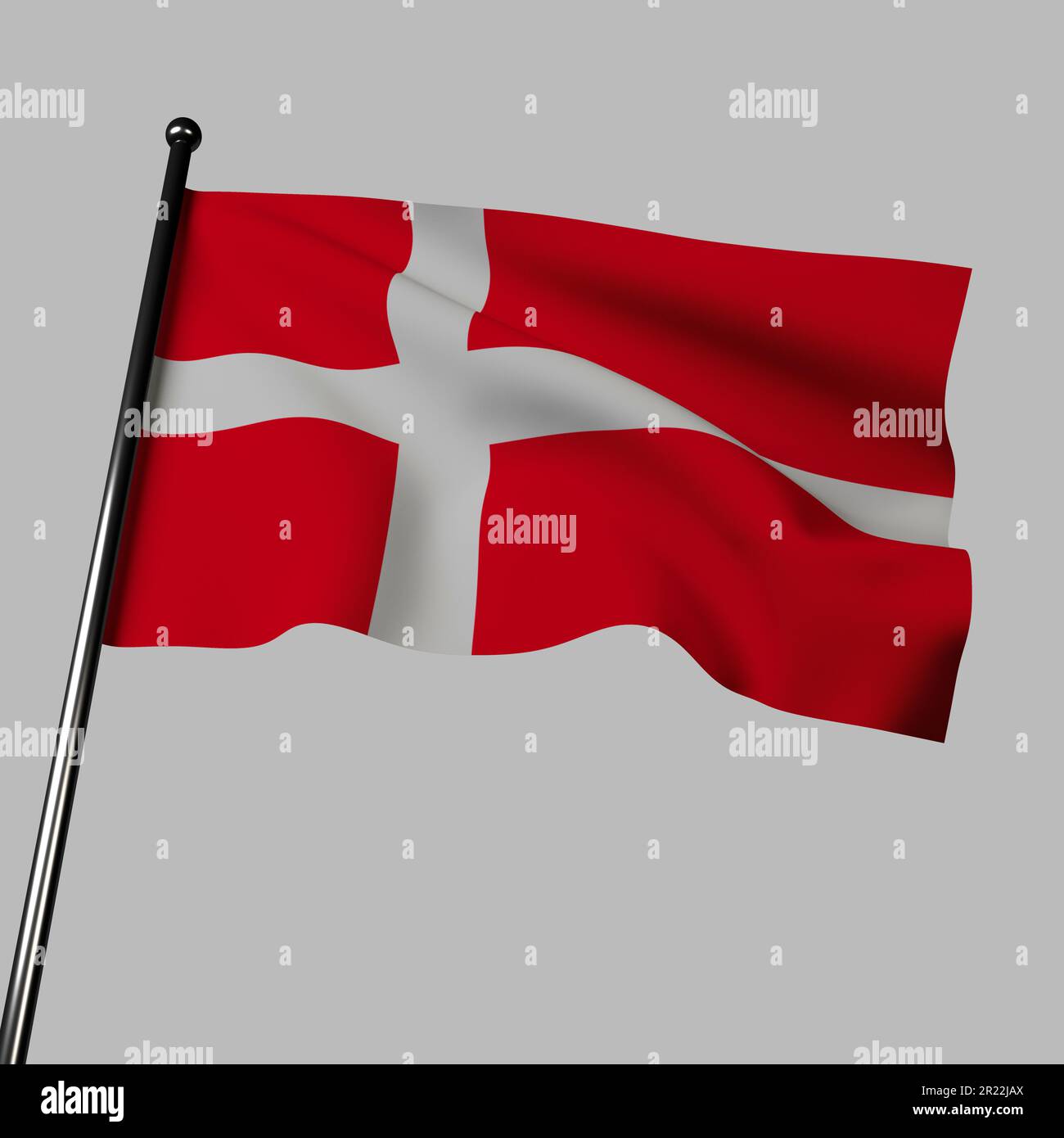 The Denmark flag 3D rendering on gray features a red field with a white ...