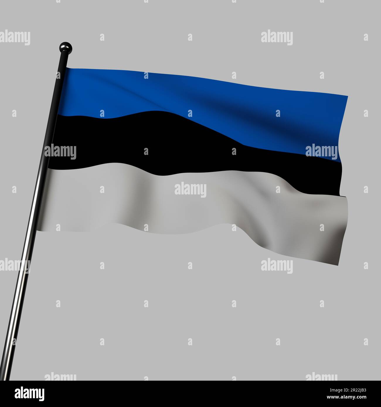 A 3D illustration of the Estonian flag waving against a gray background ...
