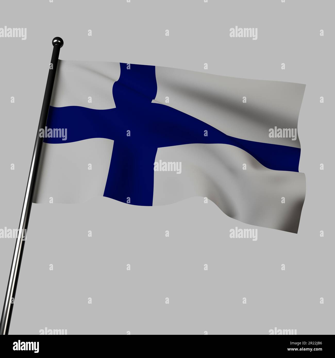 3D Finland flag waves against a gray background. The white Nordic cross ...