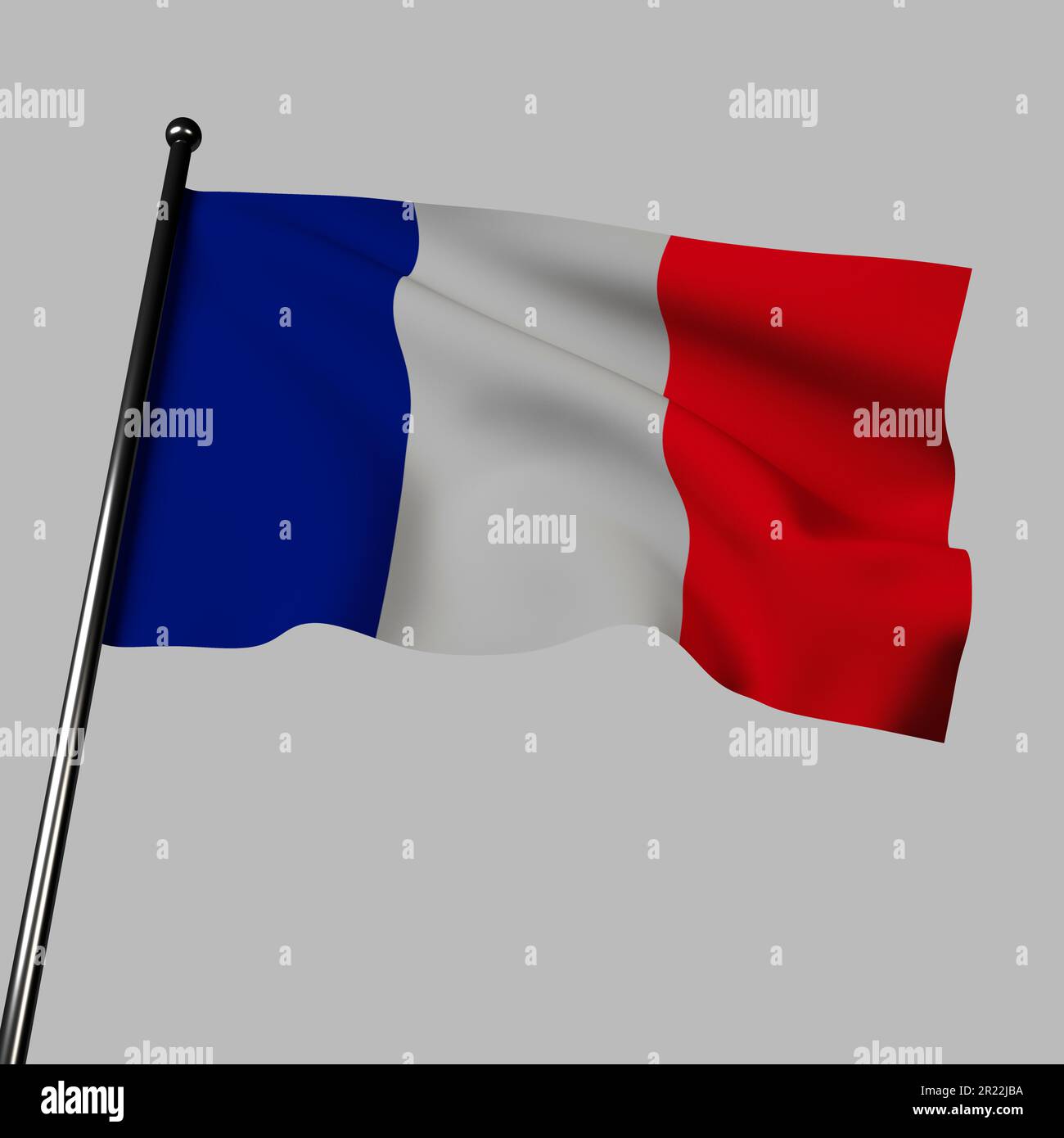 The French tricolor flag waves in the wind, standing out against a gray ...