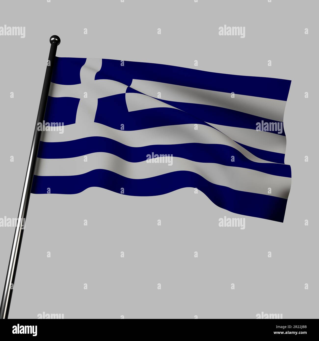 Greece flag waving on gray background, 3D illustration. Blue and white ...