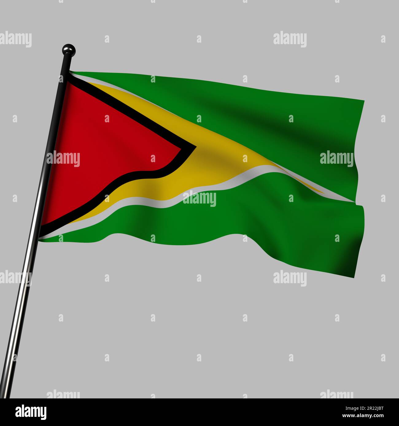 3D rendering of Guyana flag waving in the wind on gray. The green represents the agricultural ...