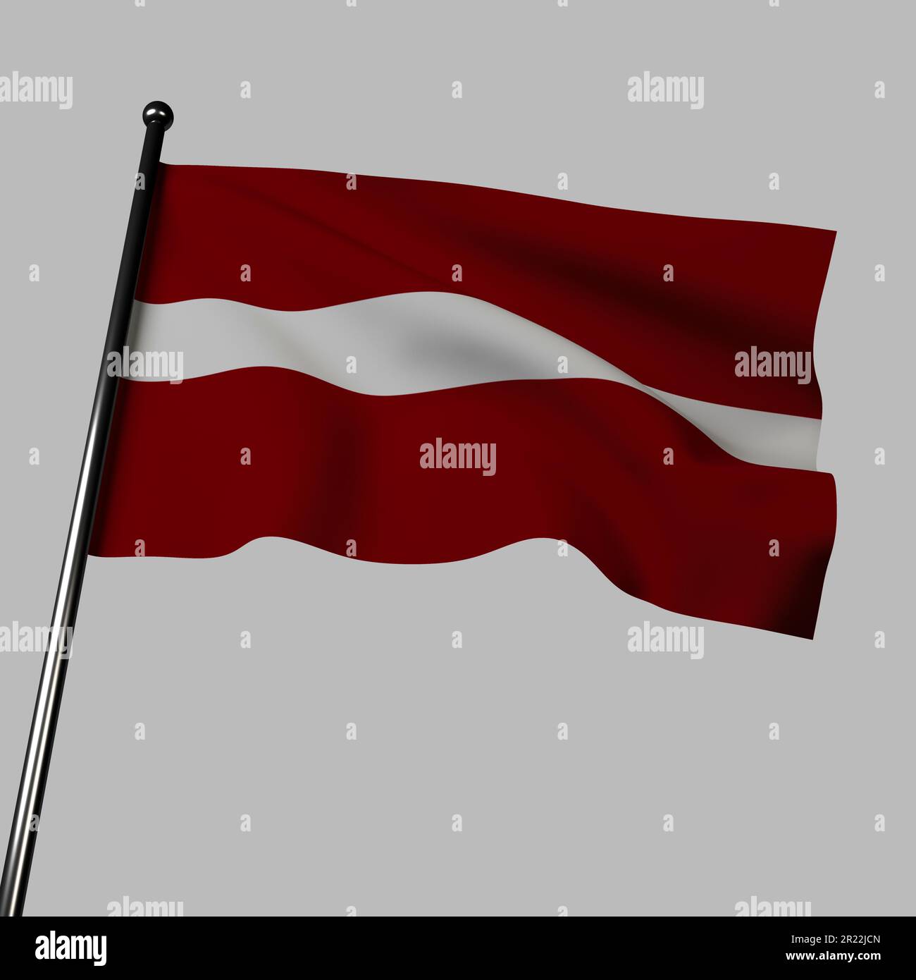 The Latvian flag flutters against a gray background in this 3D illustration. Its vibrant colors ...