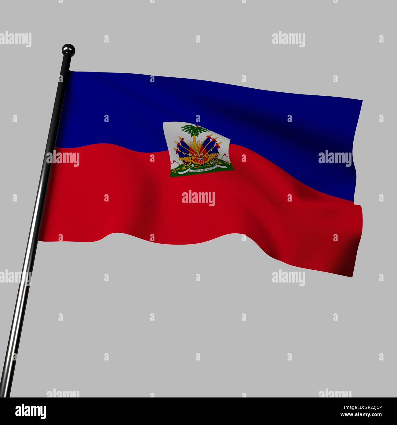 3D Haiti flag waving in the wind, isolated on gray. It has two ...