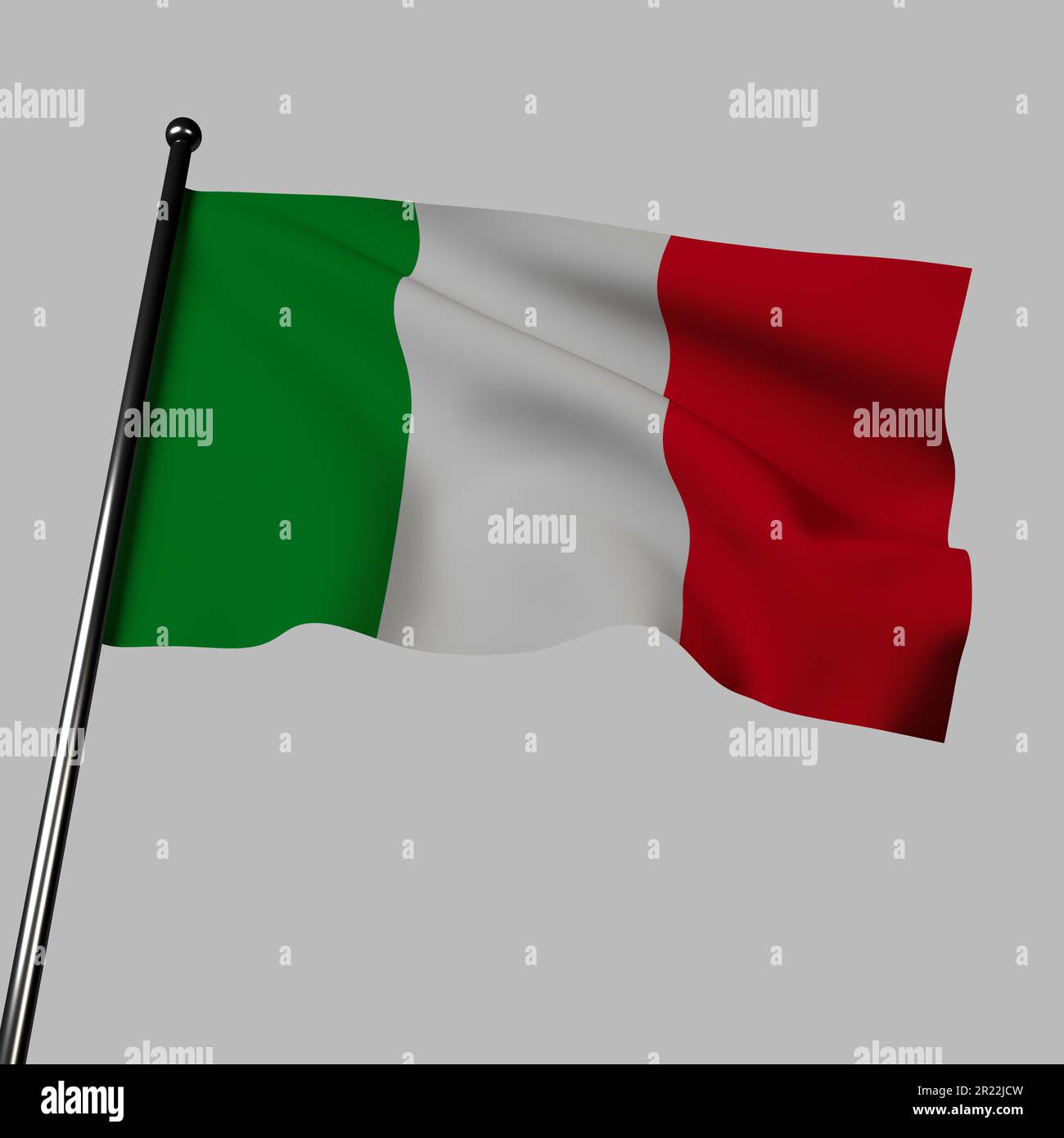 The Italian flag flutters in the wind, portrayed in 3D on a gray ...