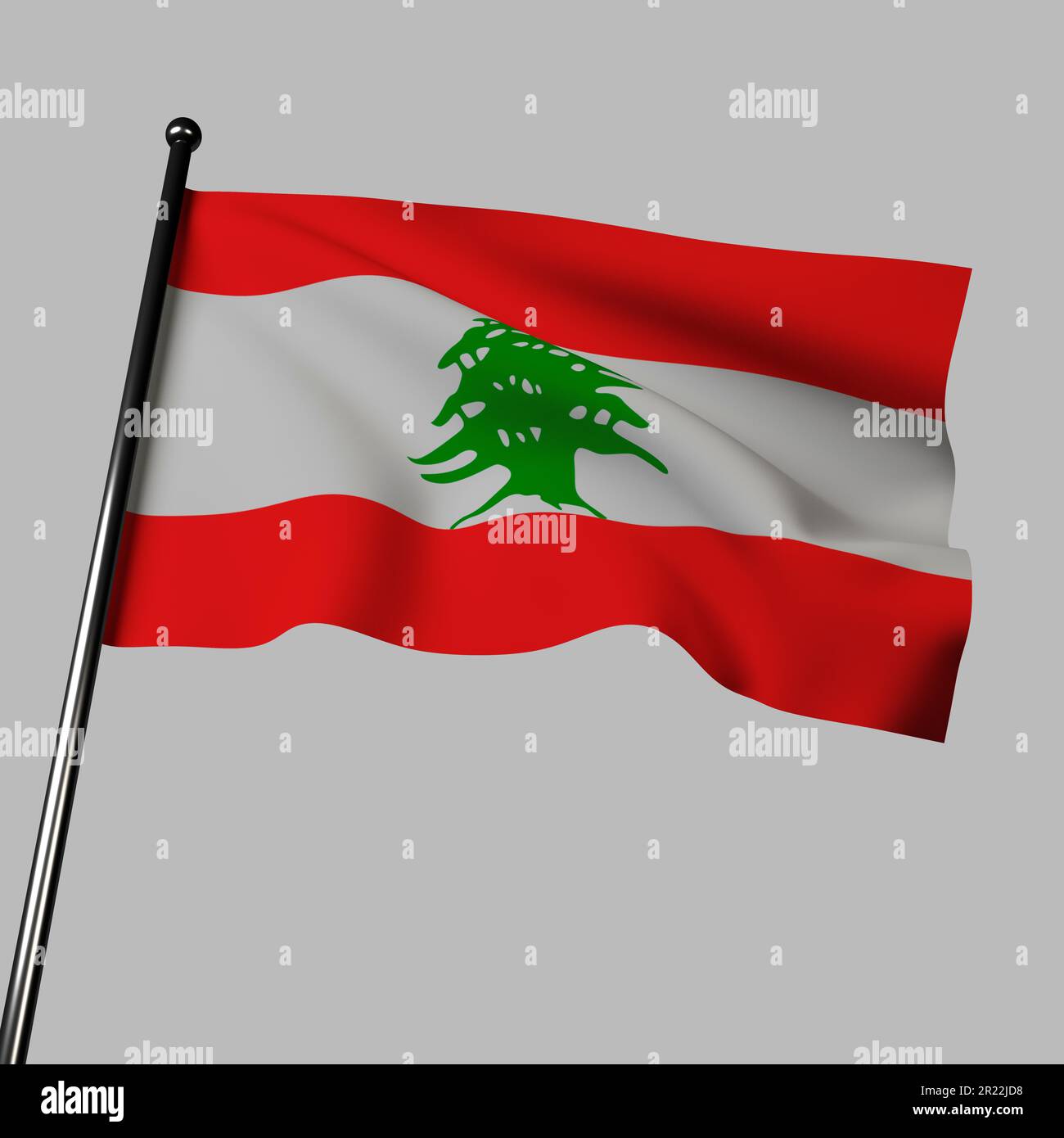 The Lebanese flag gracefully waves in the breeze against a neutral gray ...