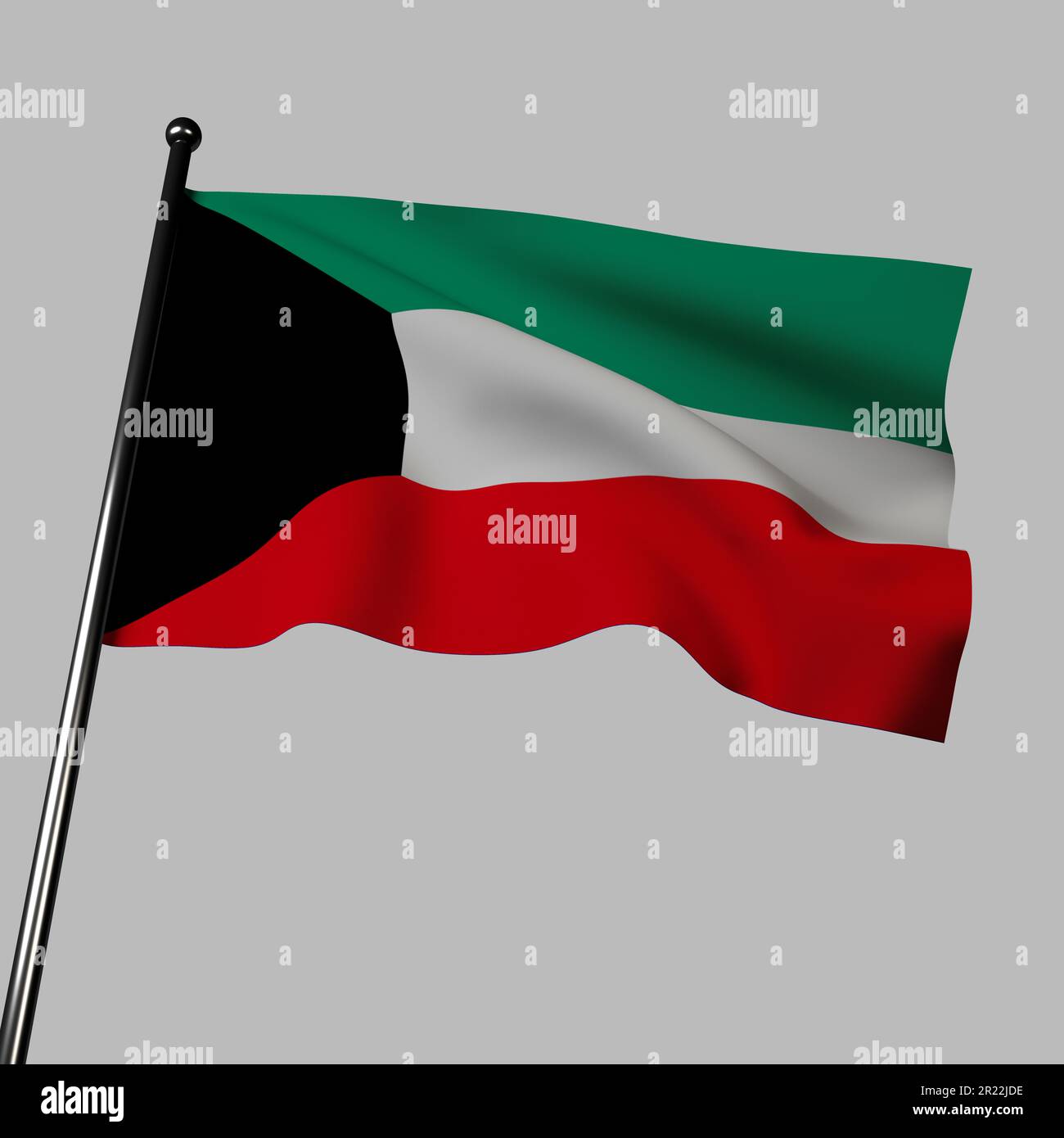 3D Kuwaiti flag flutters against a gray background. Ithas a black ...