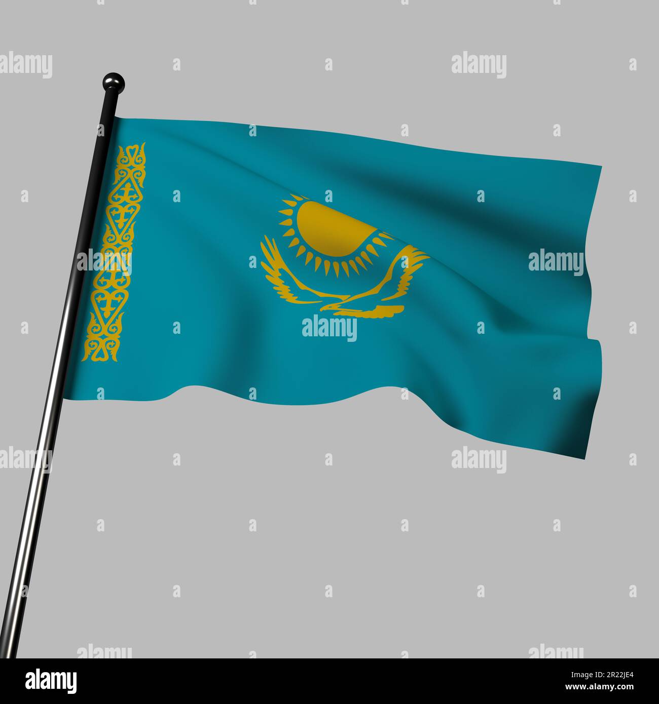 The Kazakh flag flutters in the wind on a gray background in this 3D ...