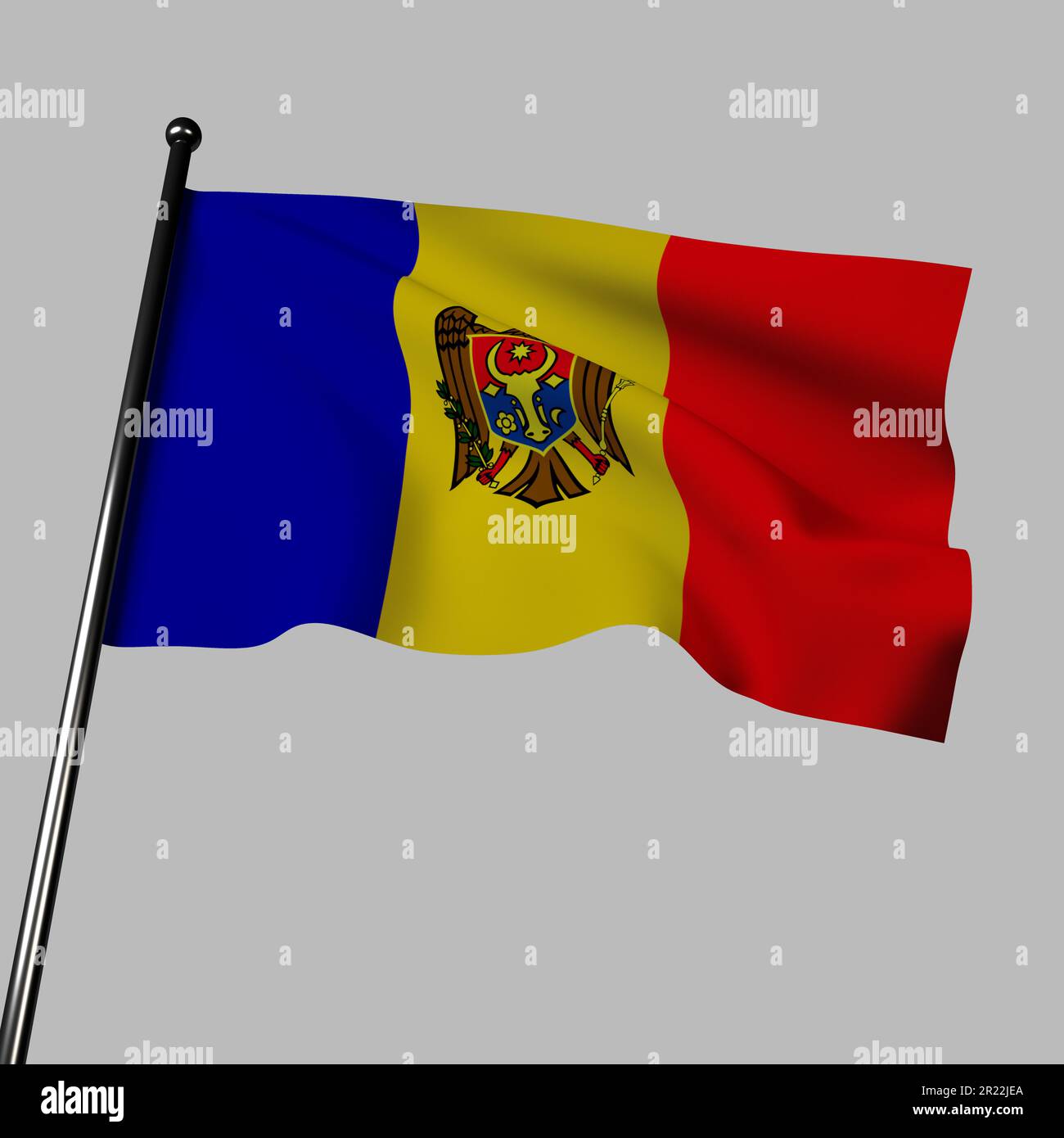 The Moldova flag waving in the wind against a gray background. 3D ...