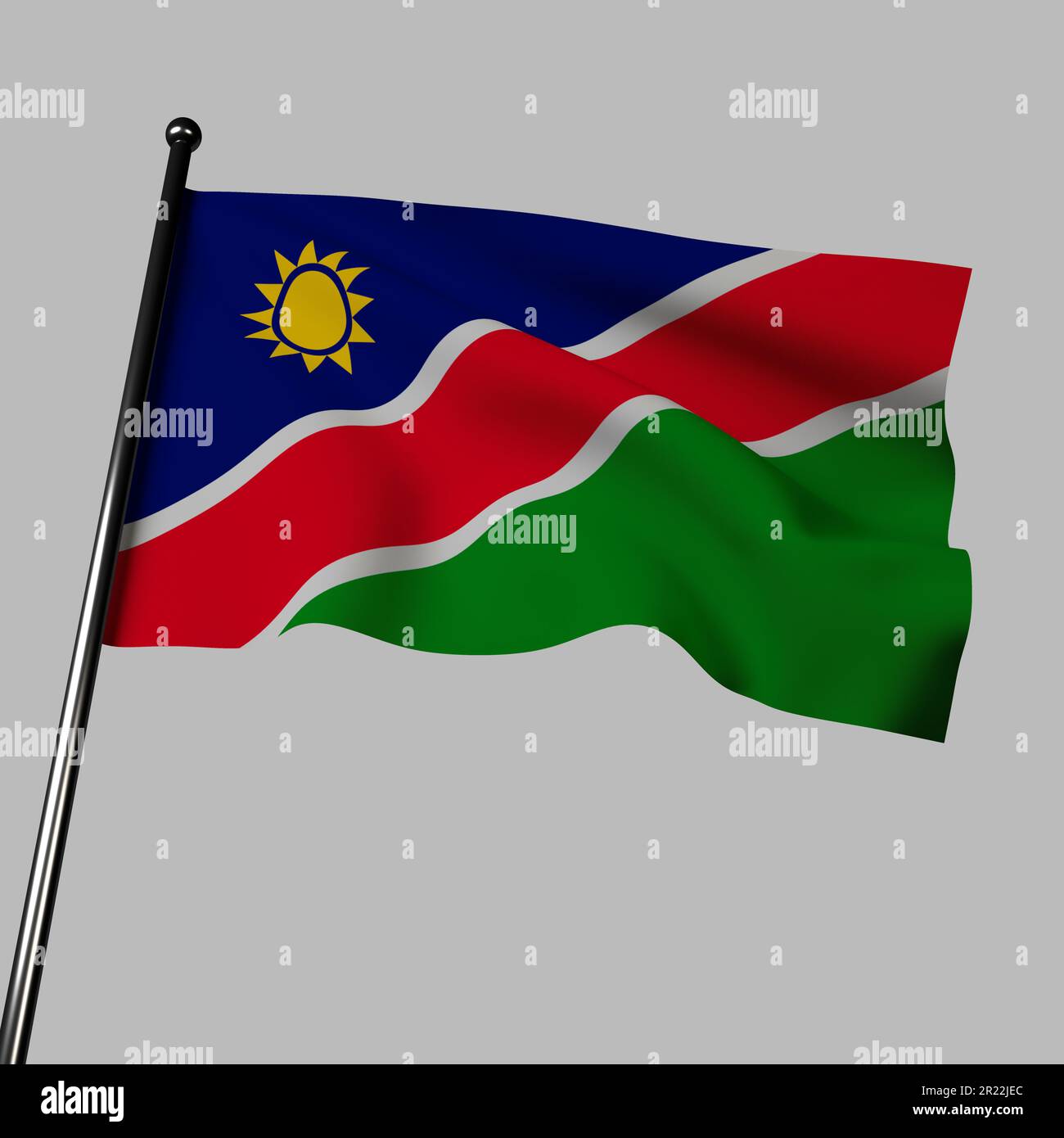 3D Namibia flag waves against a gray background. Its blue represents ...