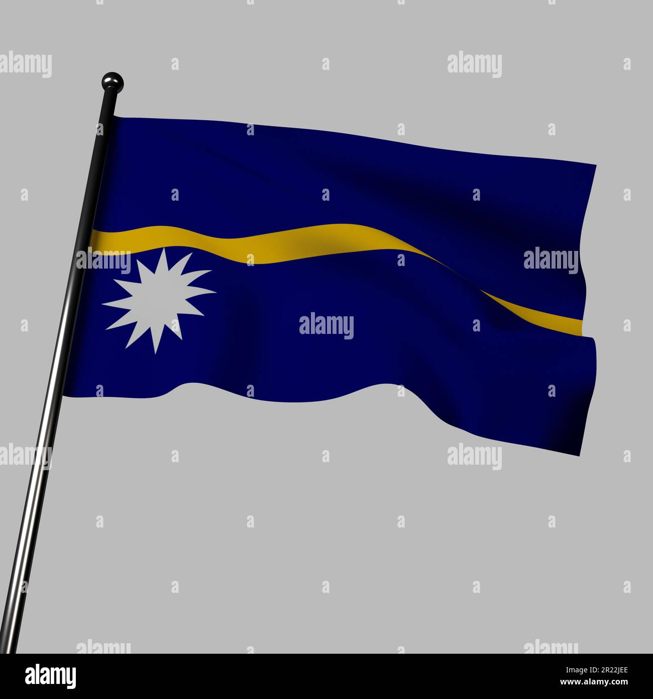 Nauru flag, a 3D illustration, waves on a gray background. Its blue ...