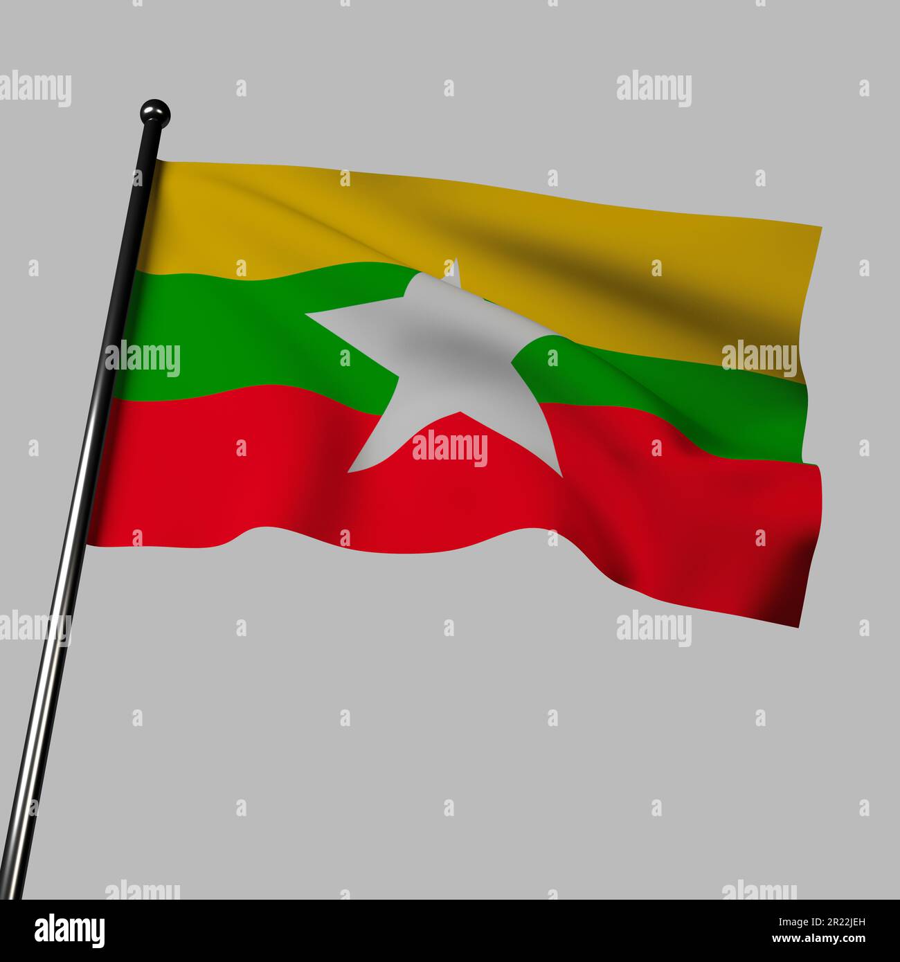 The Myanmar flag, a 3D illustration, waves against a gray background ...