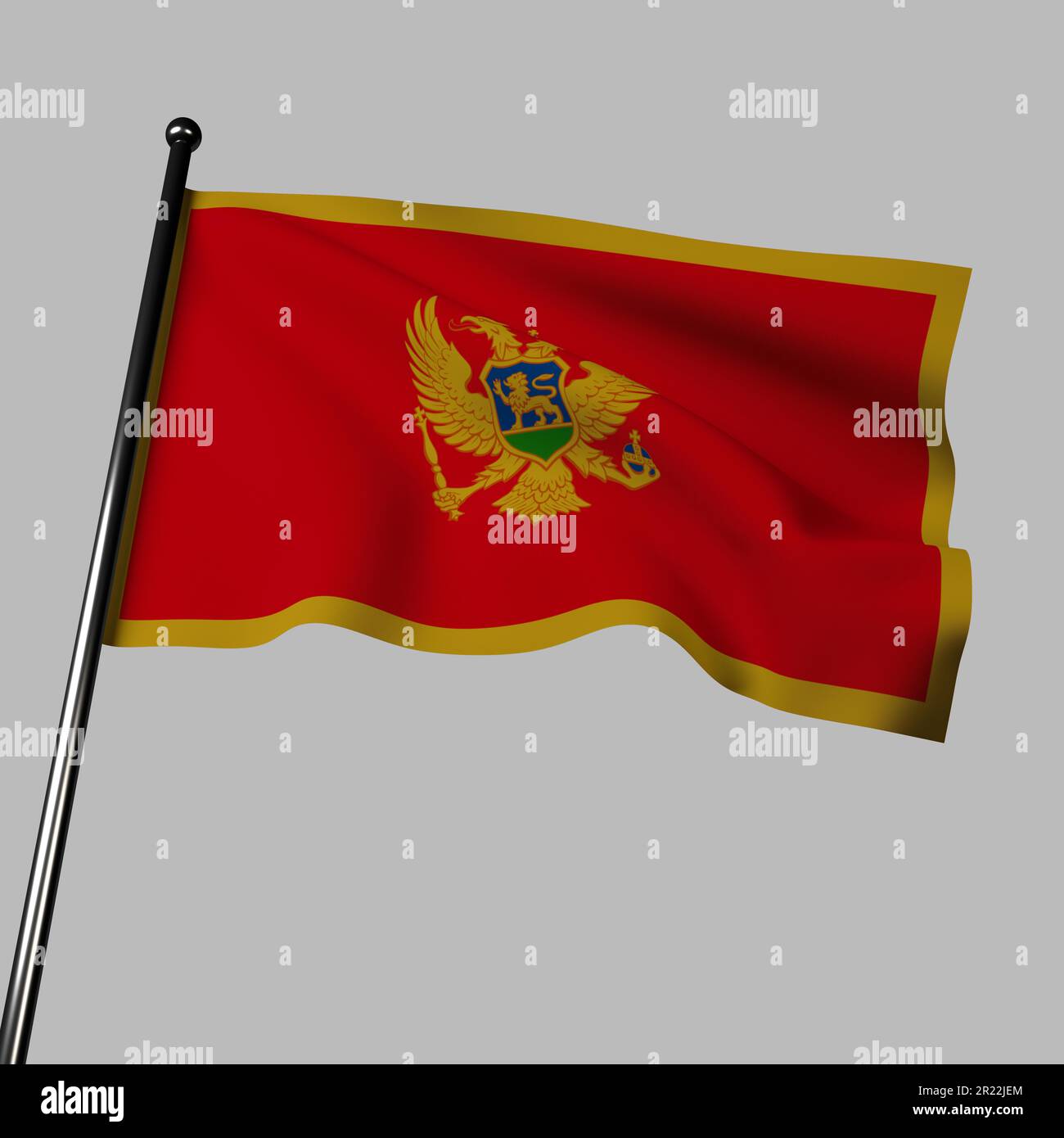 The Montenegro flag, a 3D illustration, waving against a gray ...