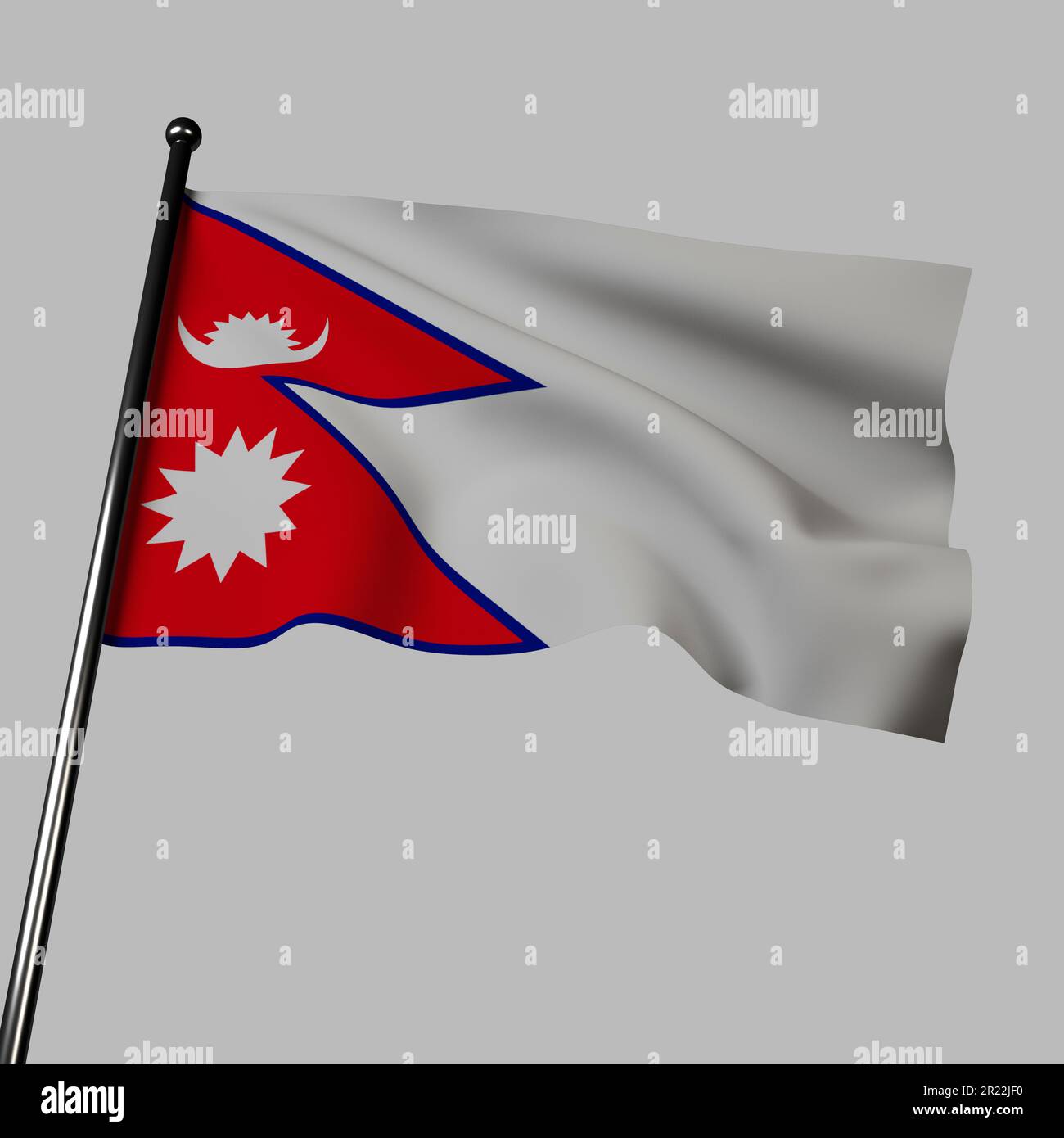 The flag of Nepal, a 3D illustration, waves on a gray background. Its ...