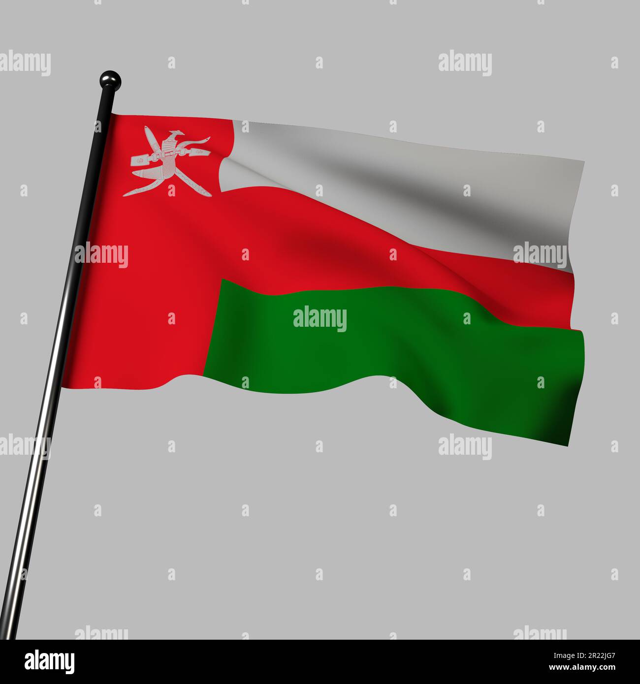 3D render of the flag of Oman waving on grey. The flag features three ...