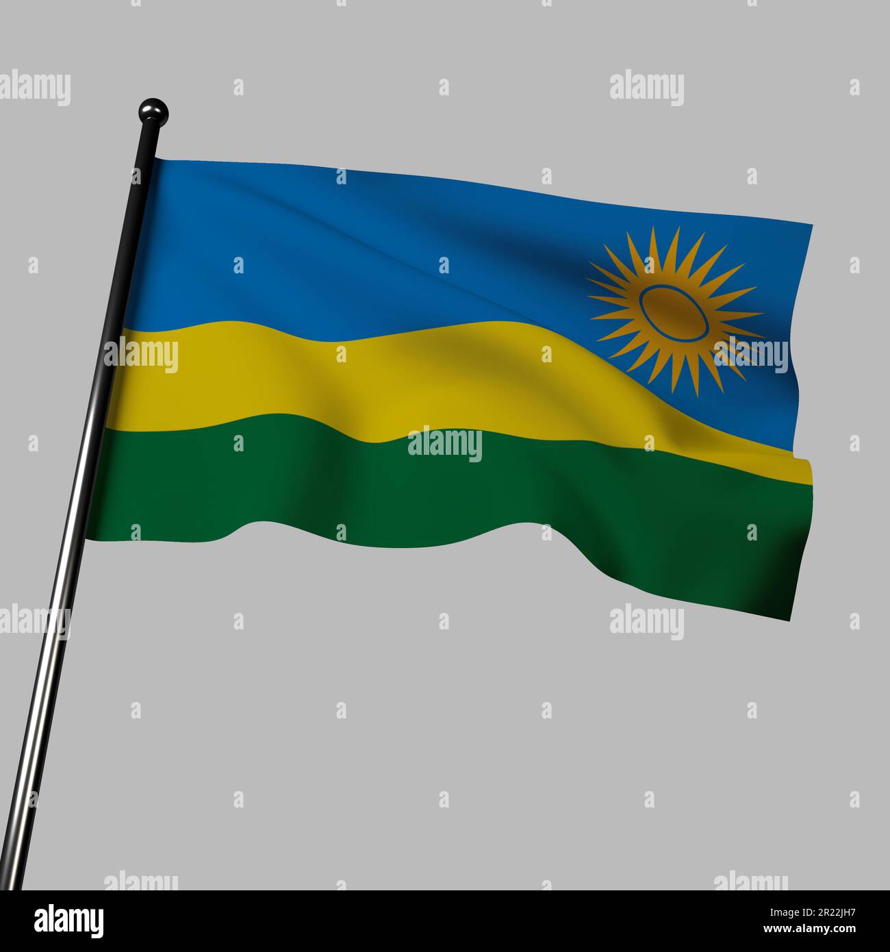 3D illustration of the Rwanda flag waving proudly. The flag features ...
